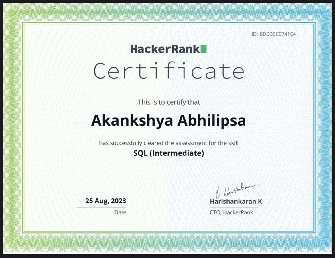 Akankshya Abhilipsa on LinkedIn: #sqlcertification #sql #sqlmastery # ... Akankshya Abhilipsa on LinkedIn: #sqlcertification #sql #sqlmastery # ...