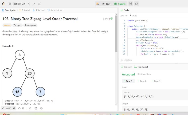 🎉 Day 19 of Daily Coding Questions Challenge! 🚀 Solved Zigzag Level ... 🎉 Day 19 of Daily Coding Questions Challenge! 🚀 Solved Zigzag Level ...