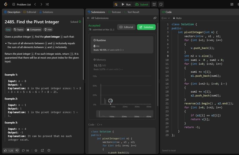🚀 Day 3 of the #100DayCodingChallenge with LeetCode! Find the Pivot ... 🚀 Day 3 of the #100DayCodingChallenge with LeetCode! Find the Pivot ...