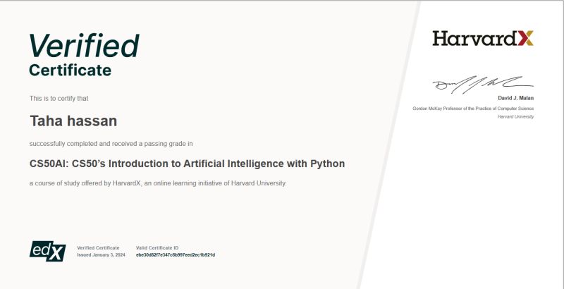 Taha Hassan on LinkedIn: 🎓 Just completed CS50AI: CS50’s Introduction ... Taha Hassan on LinkedIn: 🎓 Just completed CS50AI: CS50’s Introduction ...