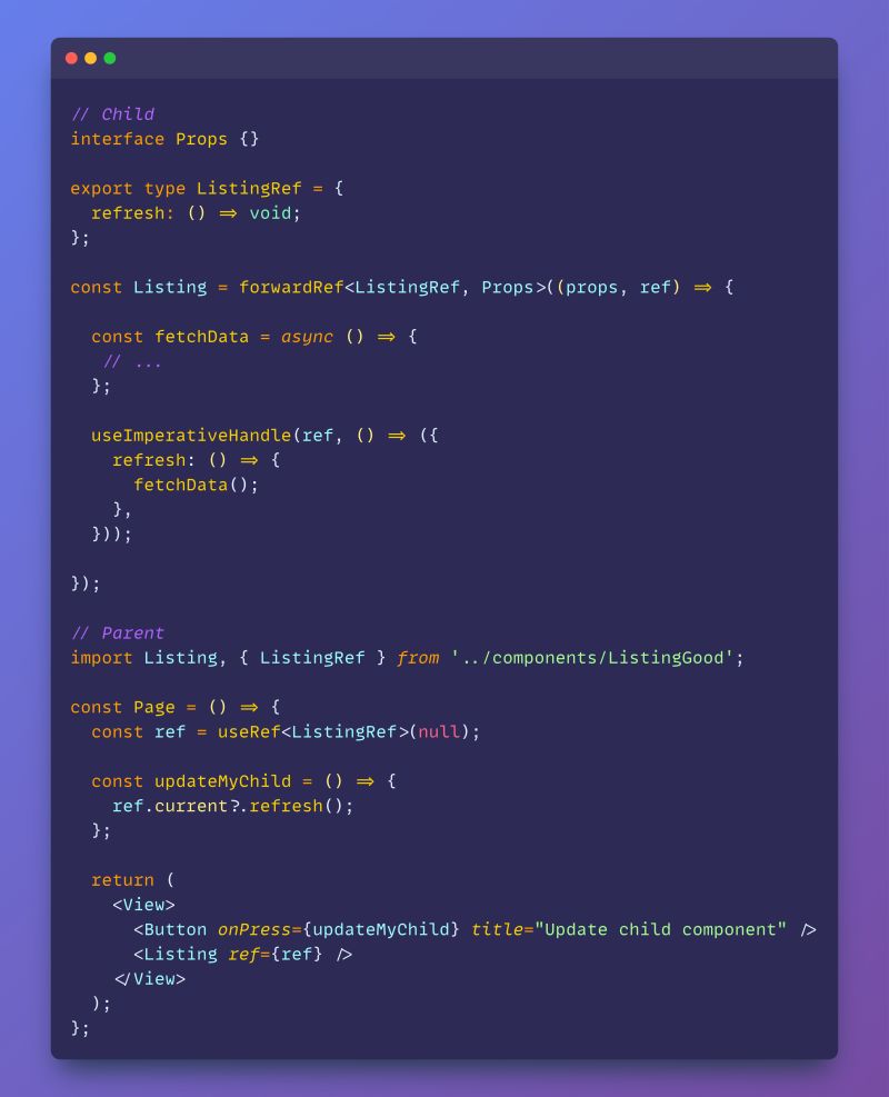 Simon Grimm on LinkedIn: 🔥 Tip: Use useImperativeHandle to call ... Simon Grimm on LinkedIn: 🔥 Tip: Use useImperativeHandle to call ...