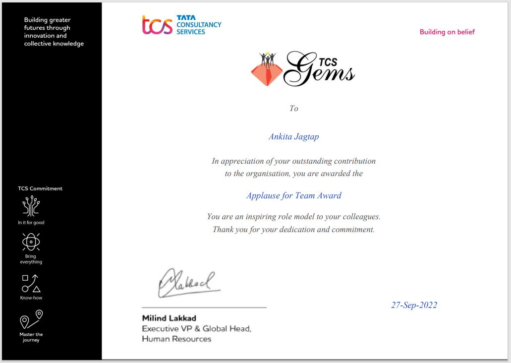 Ankita Jagtap on LinkedIn: #tcs #tcser #tcsgems #award2022 Ankita Jagtap on LinkedIn: #tcs #tcser #tcsgems #award2022