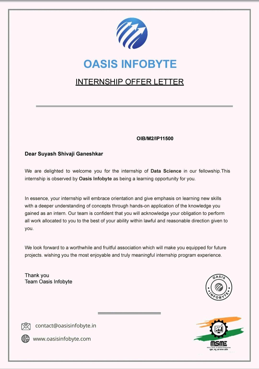 Suyash Ganeshkar on LinkedIn: #datascience #internship #offerletter Suyash Ganeshkar on LinkedIn: #datascience #internship #offerletter