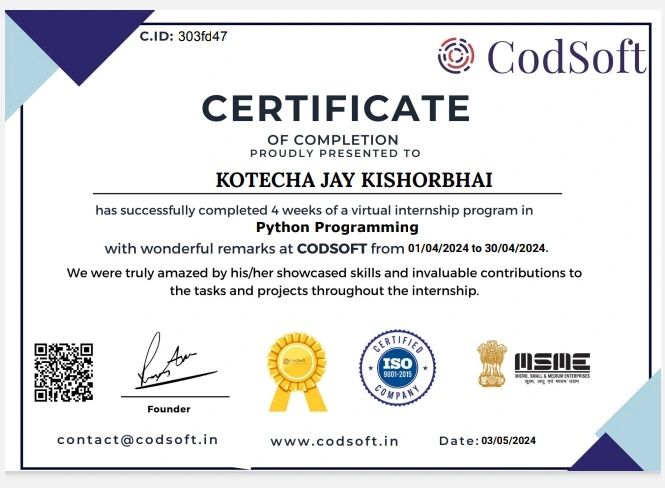 Jay Kotecha on LinkedIn: #python #pythoninternship #codsoft # ... Jay Kotecha on LinkedIn: #python #pythoninternship #codsoft # ...