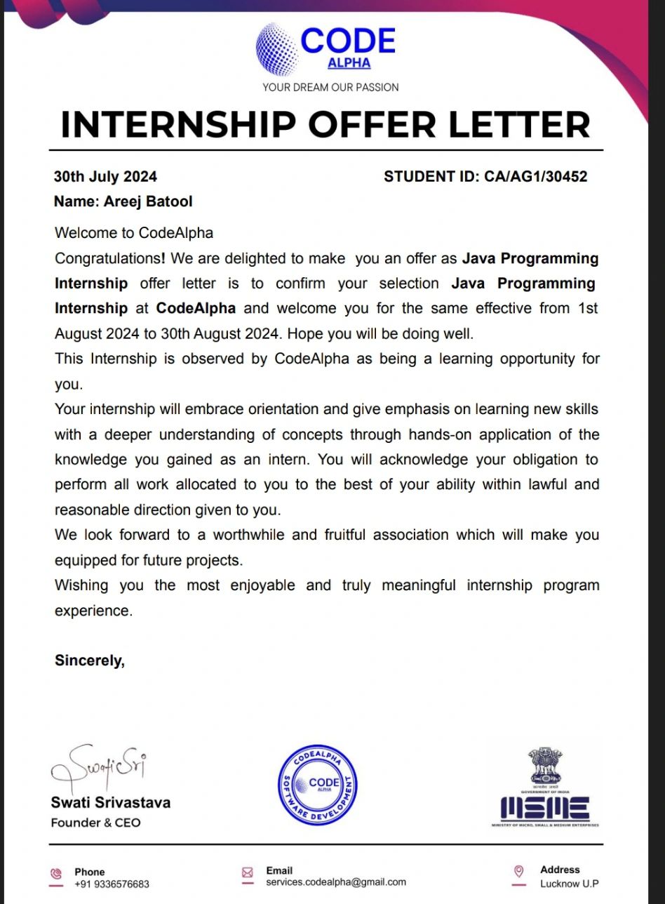 Areej Batool on LinkedIn: #java #internship #codealpha #programming # ... Areej Batool on LinkedIn: #java #internship #codealpha #programming # ...