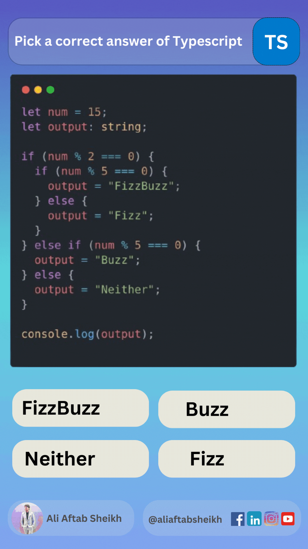 Ali Aftab Sheikh on LinkedIn: #tsquiz #typescript #javascript #quiztime ... Ali Aftab Sheikh on LinkedIn: #tsquiz #typescript #javascript #quiztime ...