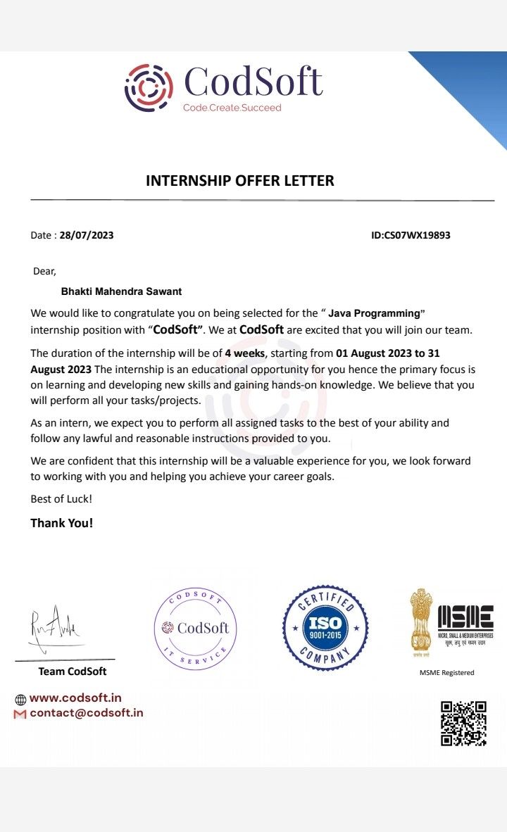 Bhakti Sawant on LinkedIn: #codsoft #codsoftinternship #javaprogramming Bhakti Sawant on LinkedIn: #codsoft #codsoftinternship #javaprogramming