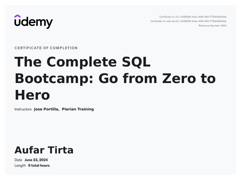 Aufar Tirta Firdaus on LinkedIn: Just finished the SQL Courses on Udemy ... Aufar Tirta Firdaus on LinkedIn: Just finished the SQL Courses on Udemy ...