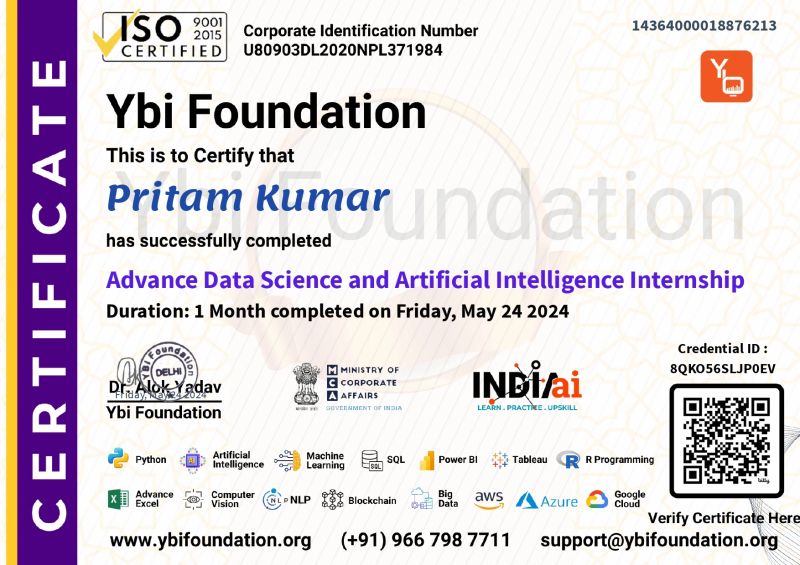 Finished Data Science and AI internship at YBI Foundation | Pritam ... Finished Data Science and AI internship at YBI Foundation | Pritam ...