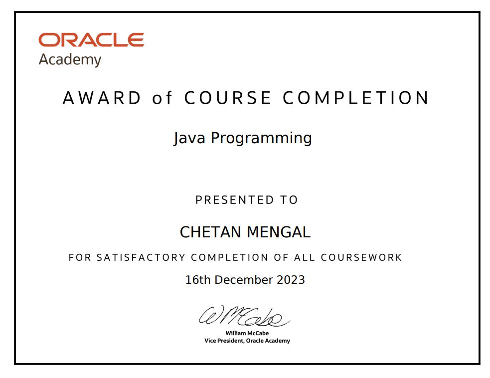 Chetan Mengal on LinkedIn: #oraclecertified #java #programmingskills Chetan Mengal on LinkedIn: #oraclecertified #java #programmingskills