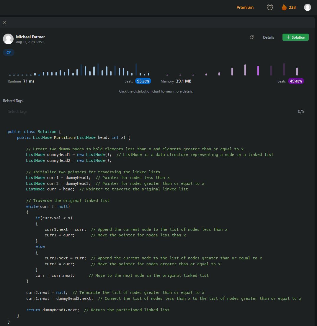 Michael Farmer on LinkedIn: Day 233 of Daily LeetCode | 86. Partition List… Michael Farmer on LinkedIn: Day 233 of Daily LeetCode | 86. Partition List…