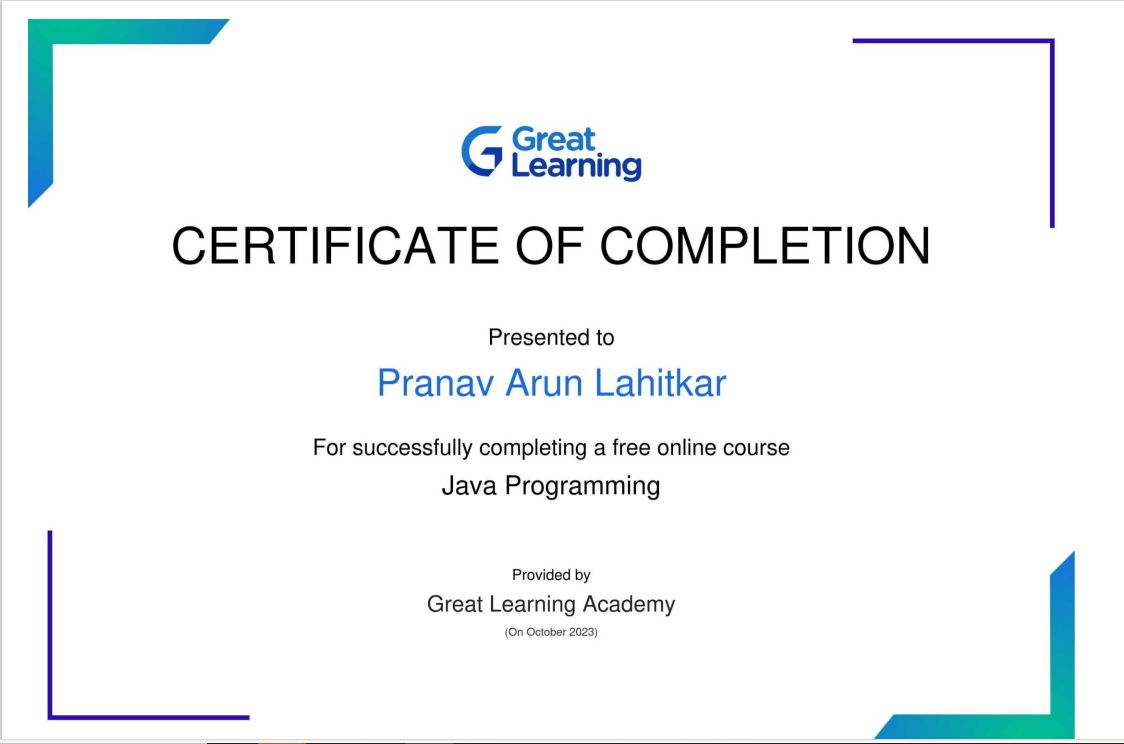 Pranav Lahitkar on LinkedIn: Hello connections, Just completed JAVA ... Pranav Lahitkar on LinkedIn: Hello connections, Just completed JAVA ...