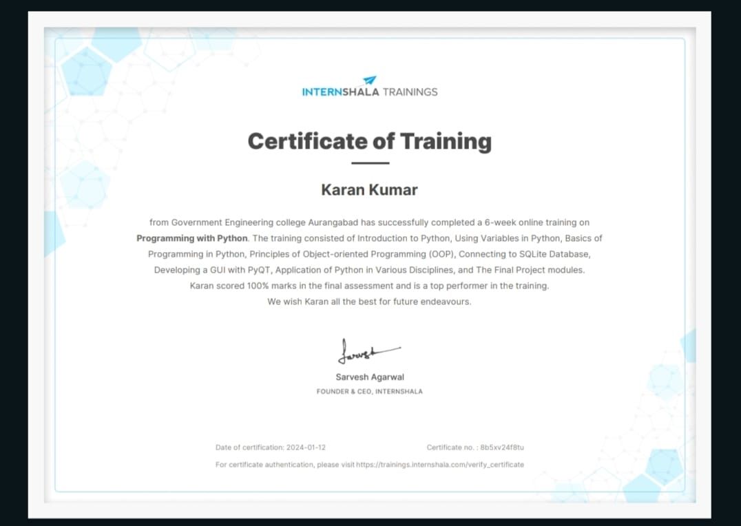 Karan Kumar on LinkedIn: #python #internship #codingjourney #internshala Karan Kumar on LinkedIn: #python #internship #codingjourney #internshala