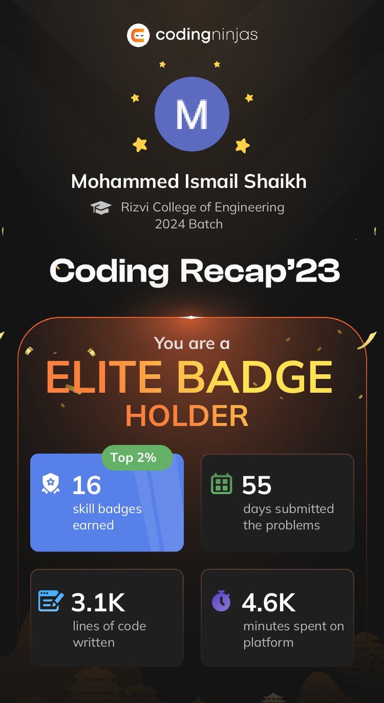 Mohammed Ismail Shaikh on LinkedIn: #codingninjas #elitebadgeholder # ... Mohammed Ismail Shaikh on LinkedIn: #codingninjas #elitebadgeholder # ...