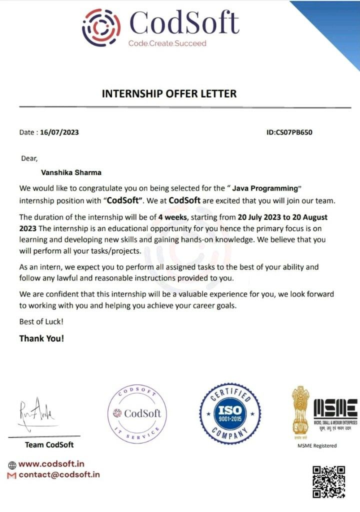 Vanshika Sharma on LinkedIn: #codsoft #internship #javaprogramming Vanshika Sharma on LinkedIn: #codsoft #internship #javaprogramming