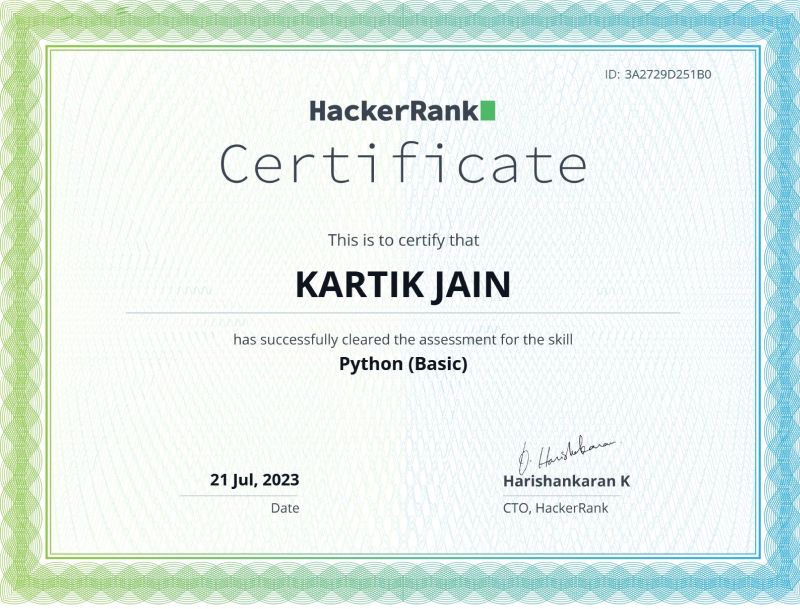 Kartik Jain on LinkedIn: #pythoncertification #hackerrankcertified # ... Kartik Jain on LinkedIn: #pythoncertification #hackerrankcertified # ...