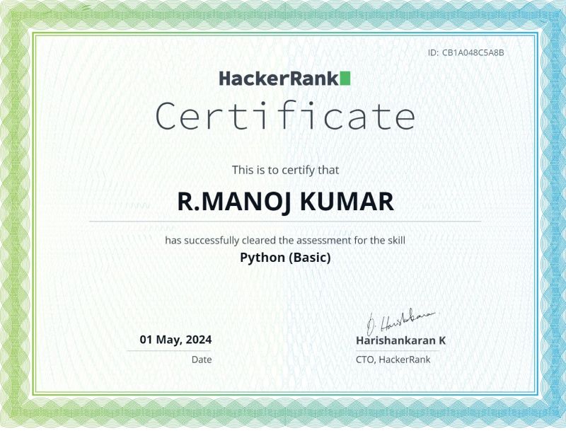MANOJ KUMAR RANGU on LinkedIn: #hackerrank #pythonbasics #certification ... MANOJ KUMAR RANGU on LinkedIn: #hackerrank #pythonbasics #certification ...