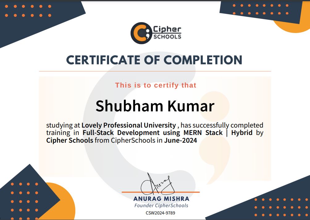 Shubham Kumar on LinkedIn: #cipherschools #lpu #fullstackdevelopment #mern Shubham Kumar on LinkedIn: #cipherschools #lpu #fullstackdevelopment #mern