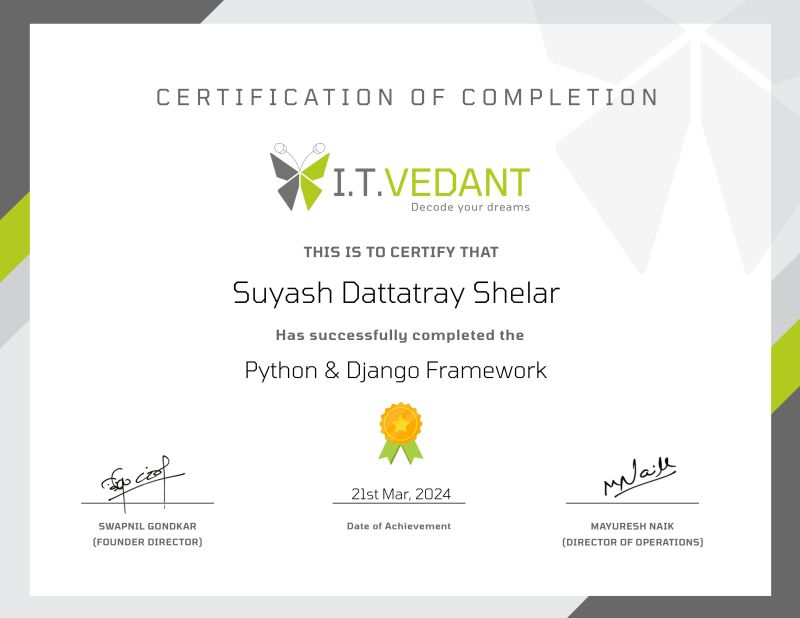 Suyash Shelar on LinkedIn: #python #django #certification # ... Suyash Shelar on LinkedIn: #python #django #certification # ...
