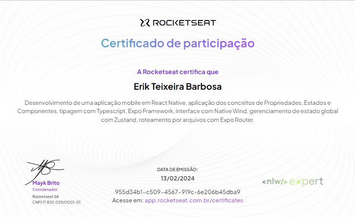 Erik Teixeira no LinkedIn: #reactnative #nlwexpert #rocketseat Erik Teixeira no LinkedIn: #reactnative #nlwexpert #rocketseat