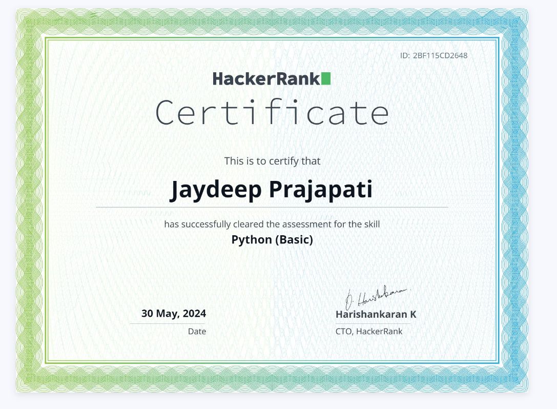 Jaydeep Prajapati on LinkedIn: #hackerank #python #certificate # ... Jaydeep Prajapati on LinkedIn: #hackerank #python #certificate # ...