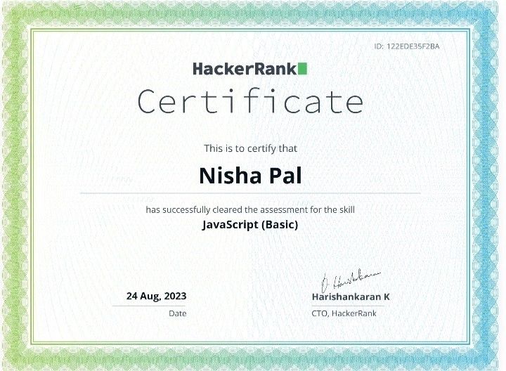 Nisha Pal on LinkedIn: #javascript #hackerrankcertified Nisha Pal on LinkedIn: #javascript #hackerrankcertified