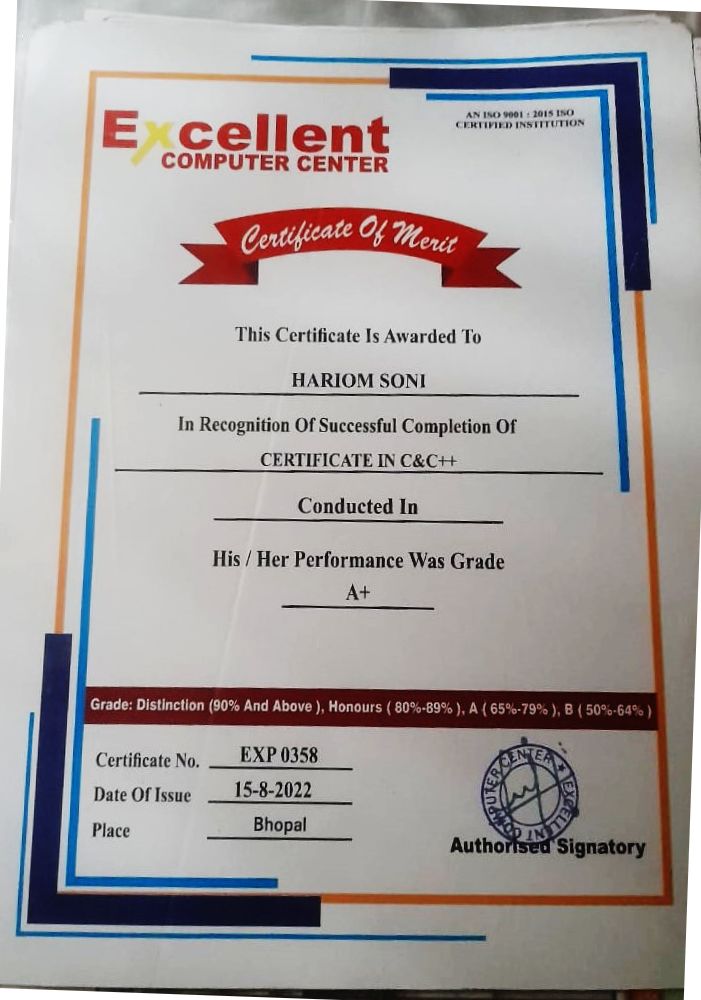 Hariom Soni on LinkedIn: c and cpp course completion certificate Hariom Soni on LinkedIn: c and cpp course completion certificate