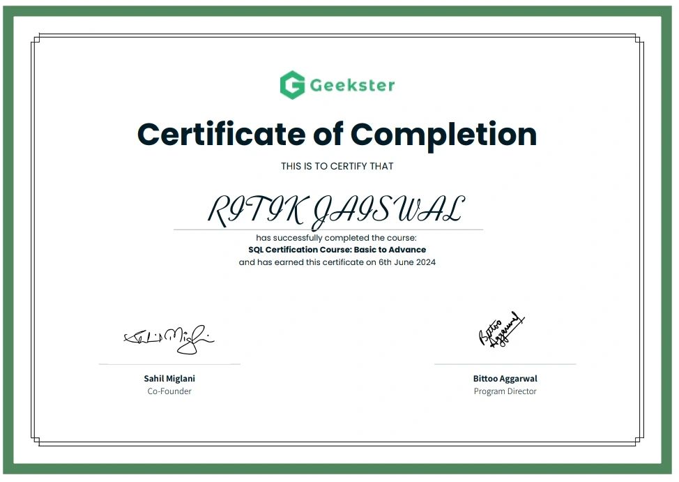 Ritik Jaiswal on LinkedIn: Hi all I have successfully completed the SQL ... Ritik Jaiswal on LinkedIn: Hi all I have successfully completed the SQL ...