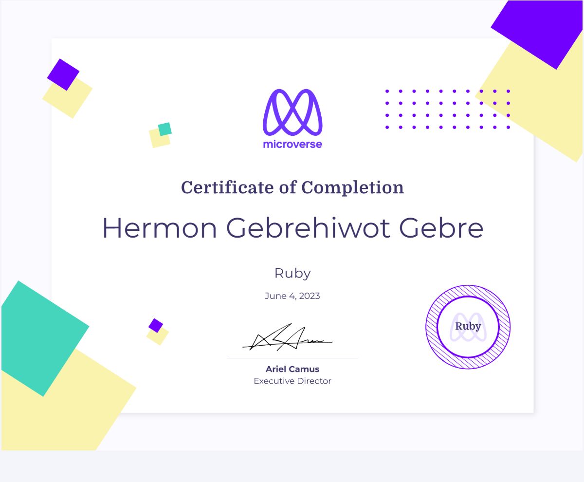 HERMON GEBRE on LinkedIn: #rubycertified #microversegraduate #rubydeveloper HERMON GEBRE on LinkedIn: #rubycertified #microversegraduate #rubydeveloper
