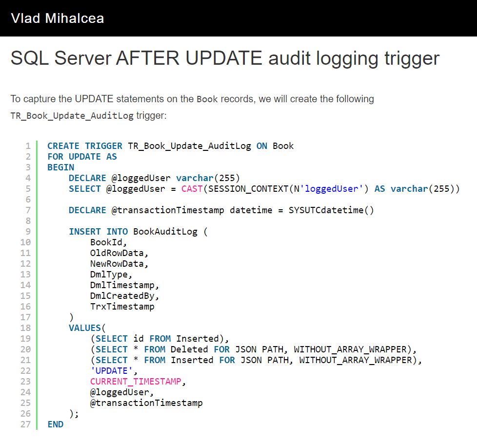 Vlad Mihalcea on LinkedIn: SQL Server audit logging using triggers ... Vlad Mihalcea on LinkedIn: SQL Server audit logging using triggers ...