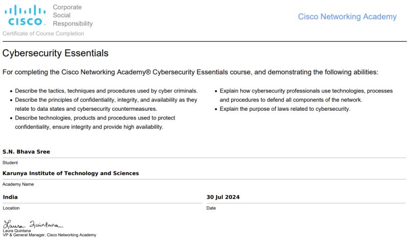 BHAVA SREE S.N on LinkedIn: Cybersecurity Essentials - CISCO BHAVA SREE S.N on LinkedIn: Cybersecurity Essentials - CISCO