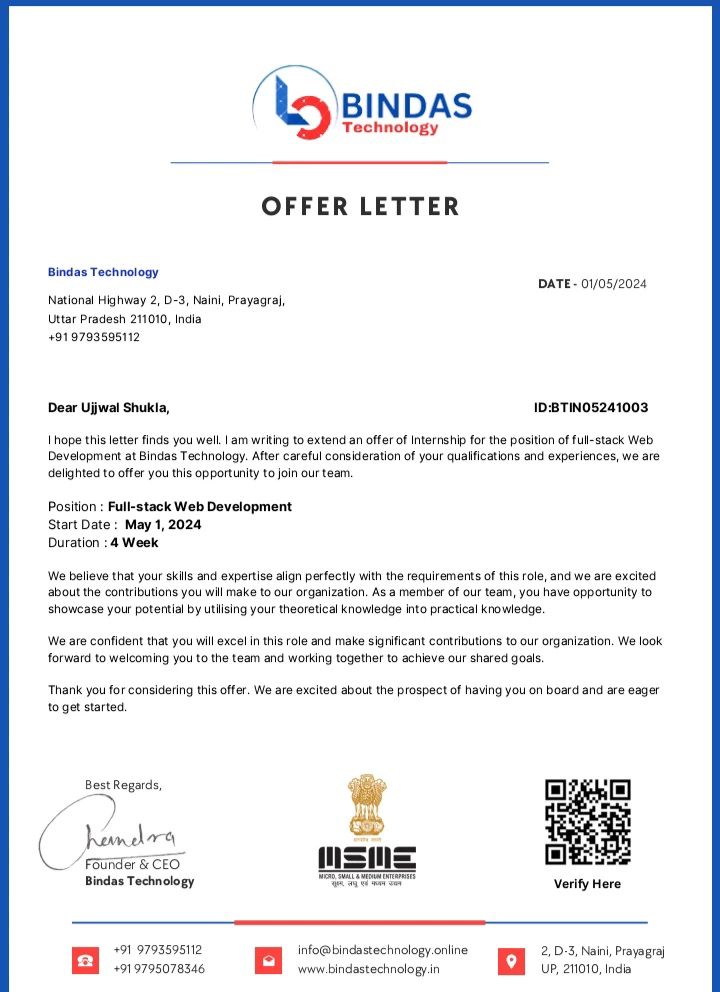 Ujjwal Shukla on LinkedIn: #bindastechnology #internship Ujjwal Shukla on LinkedIn: #bindastechnology #internship