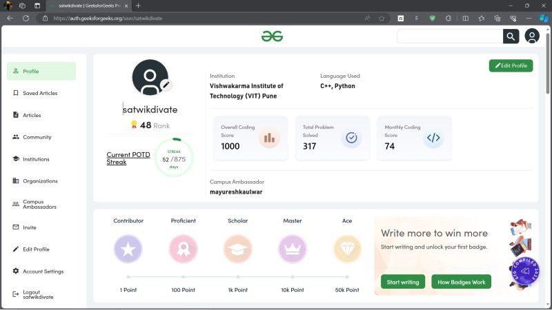 🚀 1000 coding score on GeeksforGeeks! Consistency and revision are key ... 🚀 1000 coding score on GeeksforGeeks! Consistency and revision are key ...