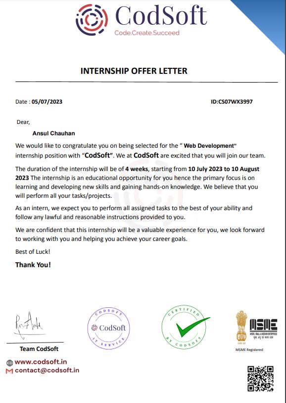 Ansul Chauhan on LinkedIn: #codsoft #intership #webdevelopment #intern ... Ansul Chauhan on LinkedIn: #codsoft #intership #webdevelopment #intern ...