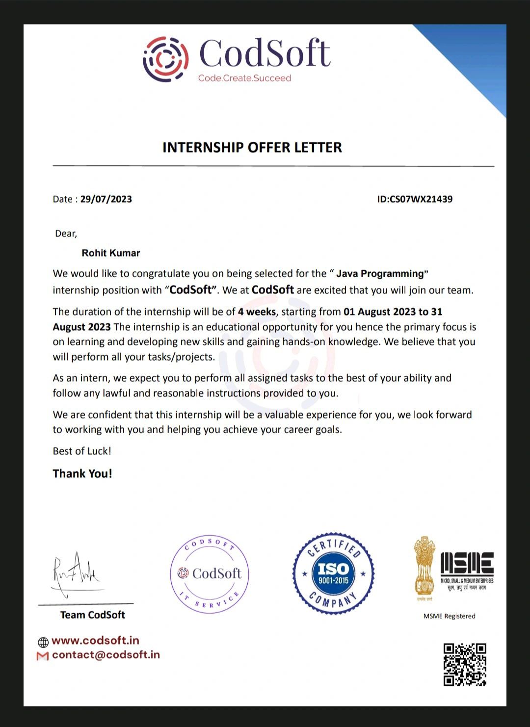 Rohit Kumar on LinkedIn: #codsoft #internship #javadeveloper # ... Rohit Kumar on LinkedIn: #codsoft #internship #javadeveloper # ...