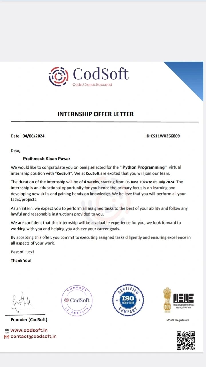 Prathmesh Pawar on LinkedIn: #codesoft #pythonprogramming #internship Prathmesh Pawar on LinkedIn: #codesoft #pythonprogramming #internship
