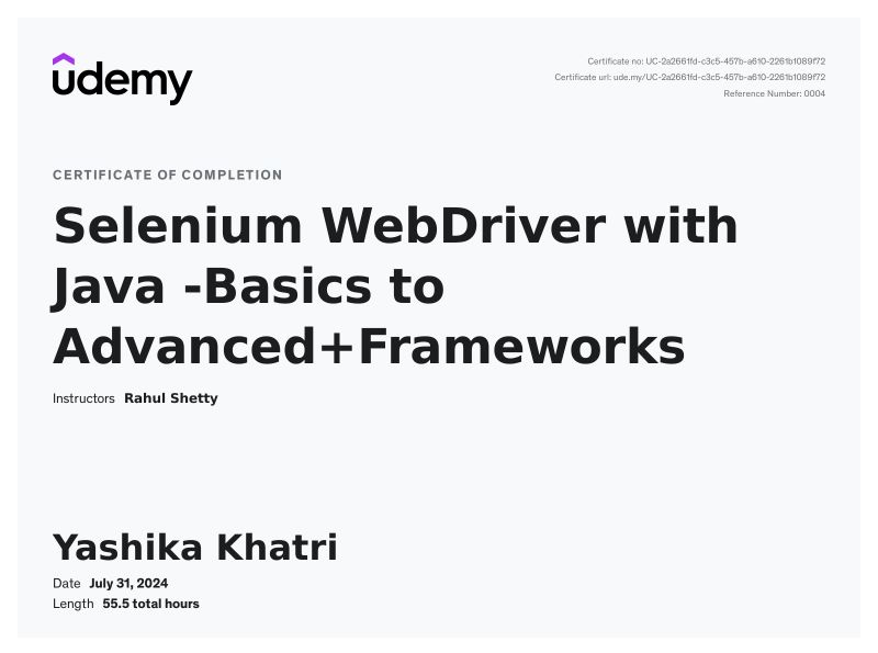 YASHIKA KHATRI on LinkedIn: Udemy course of Selenium WebDriver with ... YASHIKA KHATRI on LinkedIn: Udemy course of Selenium WebDriver with ...