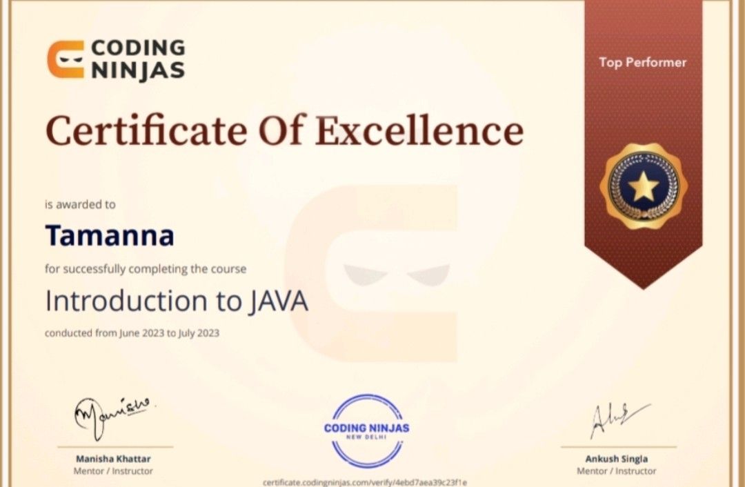 Tamanna . on LinkedIn: #codingninjas #java #excellencecertificate # ... Tamanna . on LinkedIn: #codingninjas #java #excellencecertificate # ...
