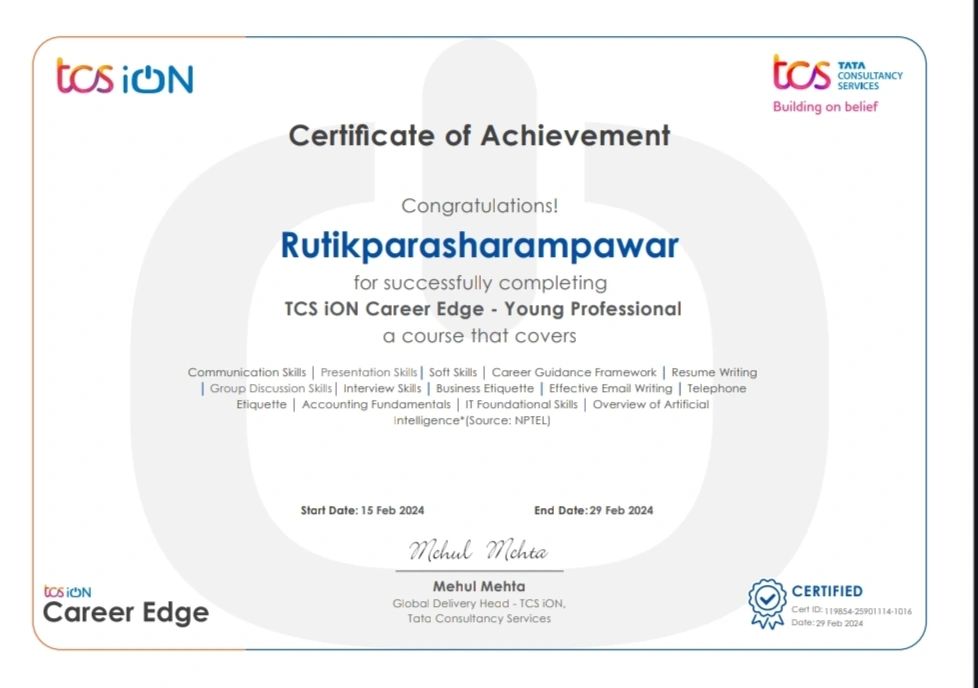 Rutik Pawar on LinkedIn: Successfully completed TCSiON career Edge ... Rutik Pawar on LinkedIn: Successfully completed TCSiON career Edge ...