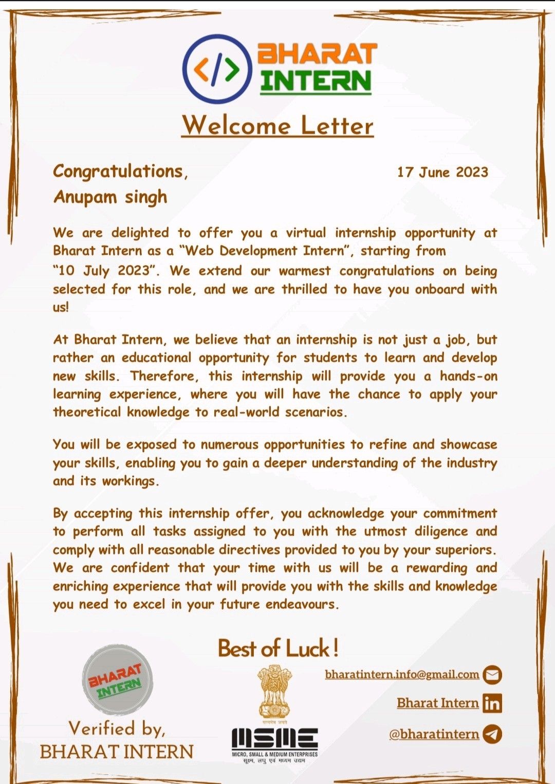 Anupam Singh on LinkedIn: #first #opportunity #internship #bharatintern ... Anupam Singh on LinkedIn: #first #opportunity #internship #bharatintern ...