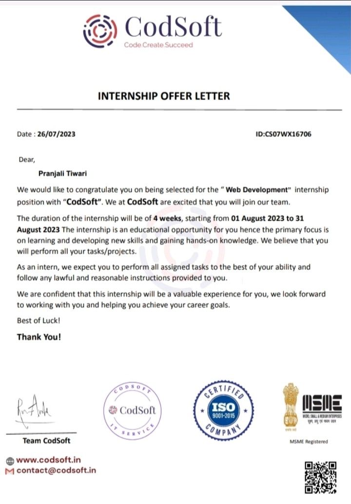 Pranjali Tiwari on LinkedIn: #codesoft #codesoft #internship #codesoft ... Pranjali Tiwari on LinkedIn: #codesoft #codesoft #internship #codesoft ...
