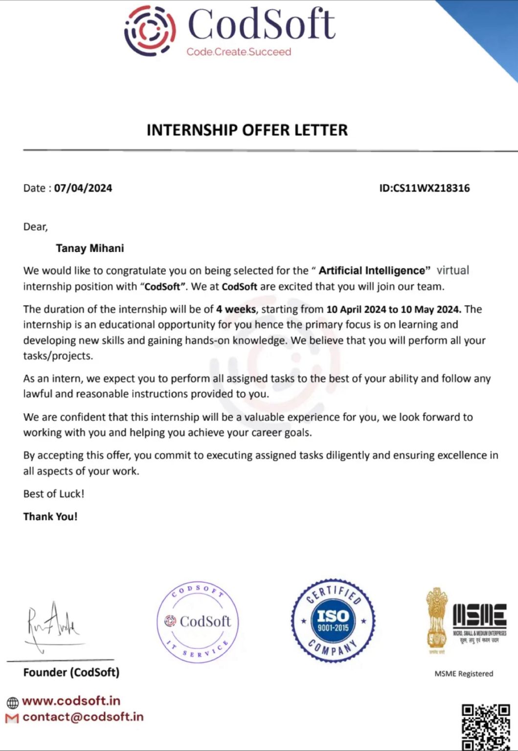 Tanay Mihani on LinkedIn: #ai #internship #codsoft #excitedforthejourney Tanay Mihani on LinkedIn: #ai #internship #codsoft #excitedforthejourney