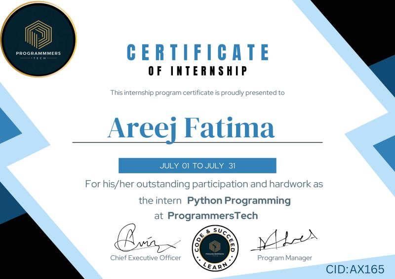 Areej Fatima on LinkedIn: #python #internship #certificate # ... Areej Fatima on LinkedIn: #python #internship #certificate # ...