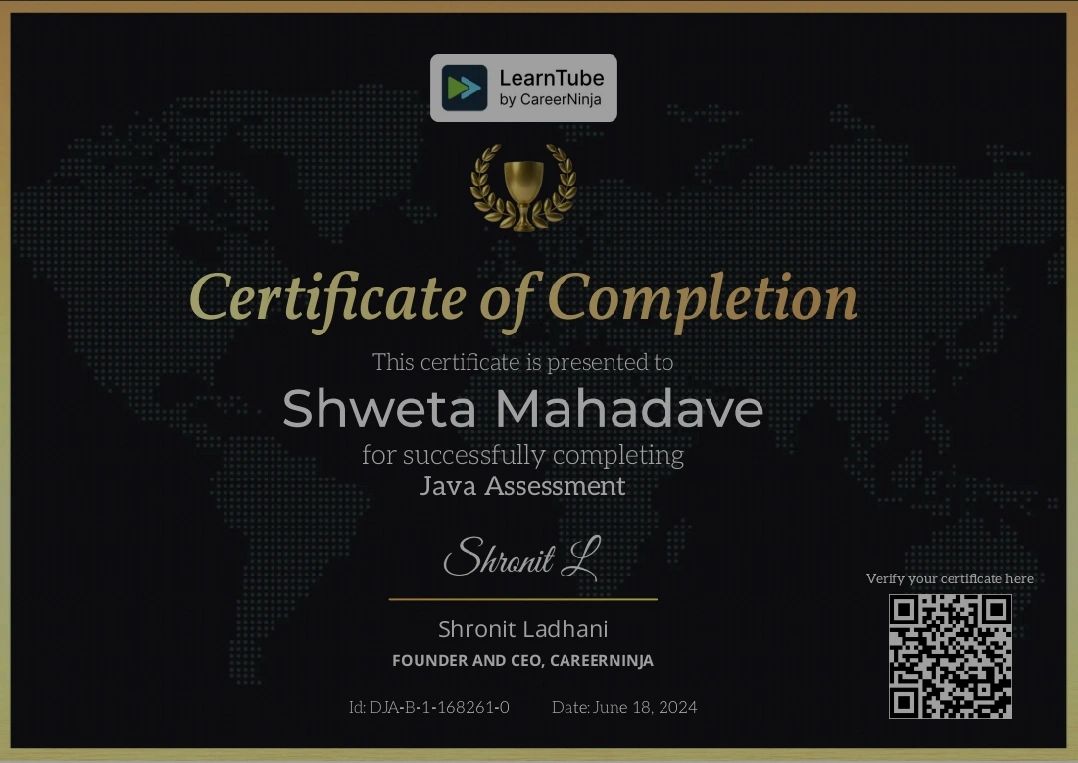 Shweta Mahadave on LinkedIn: Successfully completed the Java Assessment Shweta Mahadave on LinkedIn: Successfully completed the Java Assessment