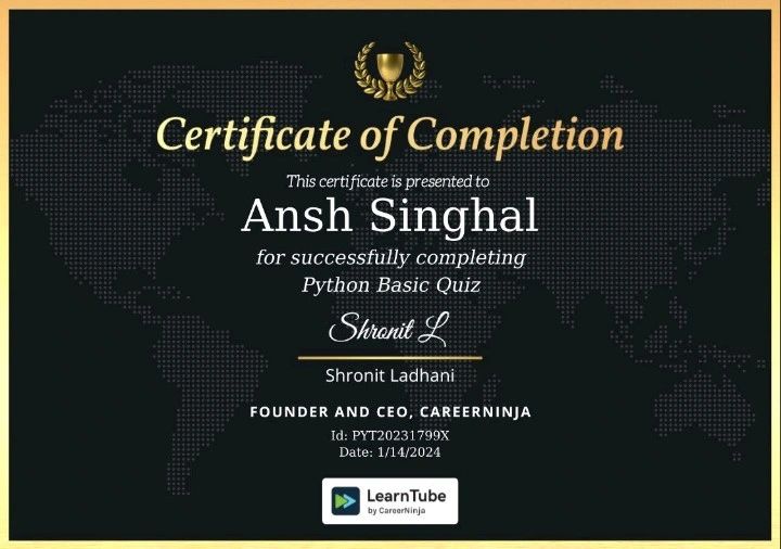 Earned Python Quiz Certificate | Ansh Singhal posted on the topic ... Earned Python Quiz Certificate | Ansh Singhal posted on the topic ...