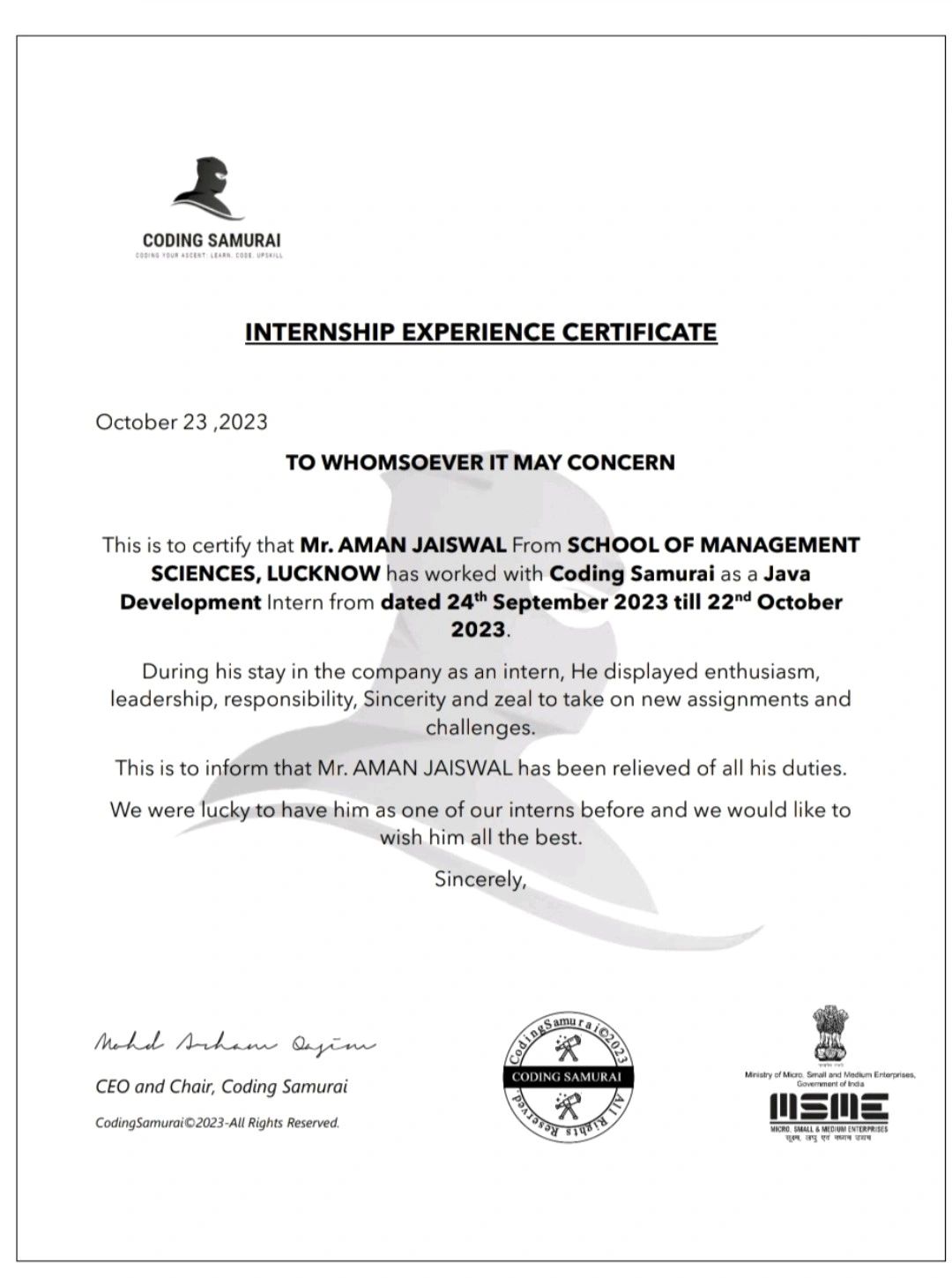Aman Jaiswal on LinkedIn: #codingsamurai #csip #internship #javadevelopment Aman Jaiswal on LinkedIn: #codingsamurai #csip #internship #javadevelopment