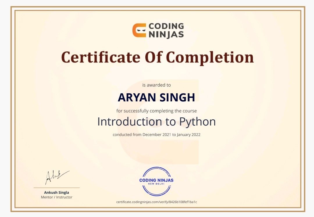 Aryan Singh on LinkedIn: #python #codingninjas #completed Aryan Singh on LinkedIn: #python #codingninjas #completed