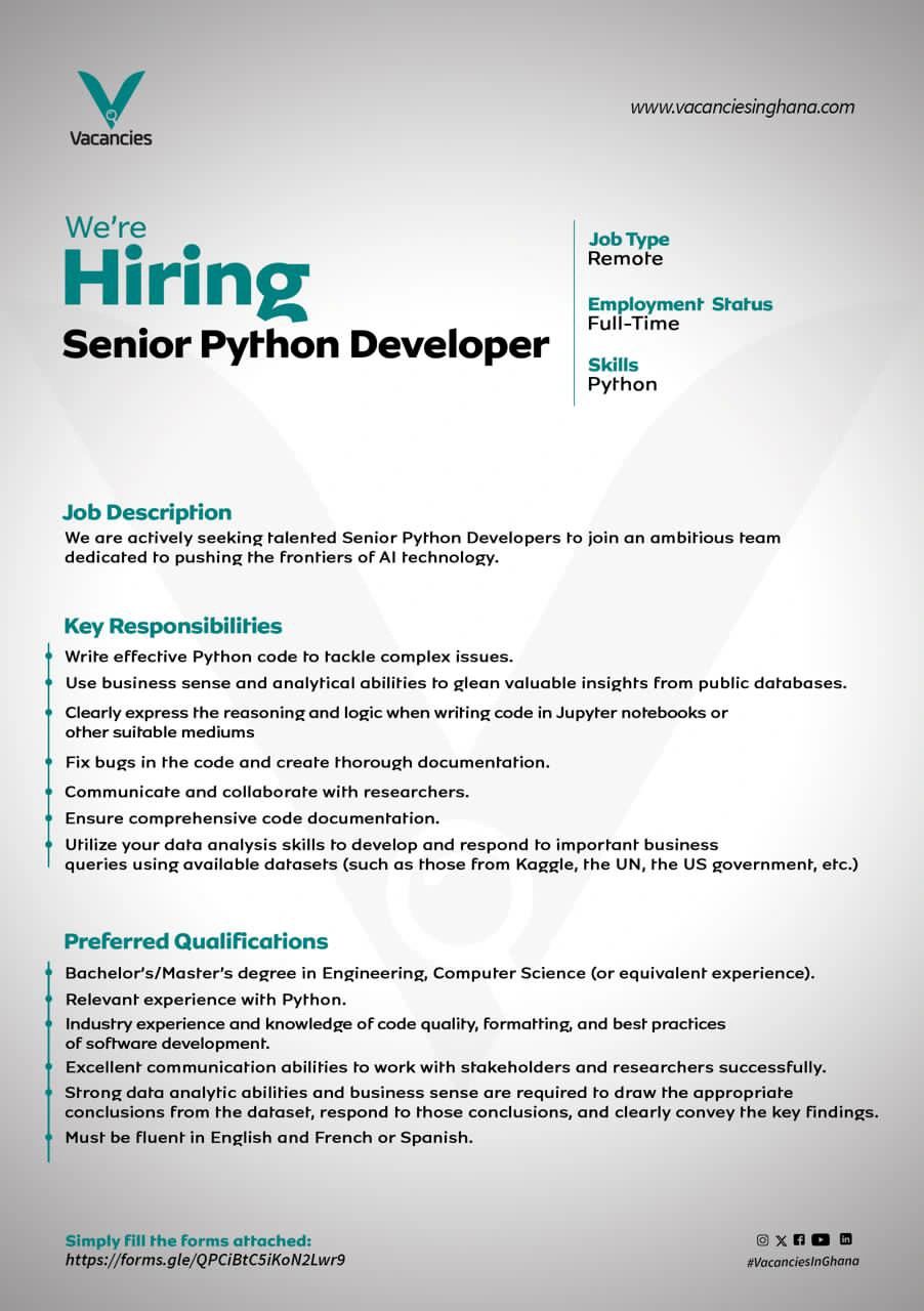 Vacancies in Ghana on LinkedIn: Senior Python developers Skills Python ... Vacancies in Ghana on LinkedIn: Senior Python developers Skills Python ...