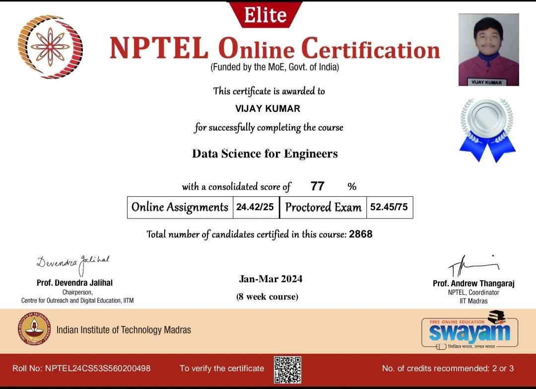 Vijay Kumar on LinkedIn: #datascience #nptel #achievementunlocked Vijay Kumar on LinkedIn: #datascience #nptel #achievementunlocked