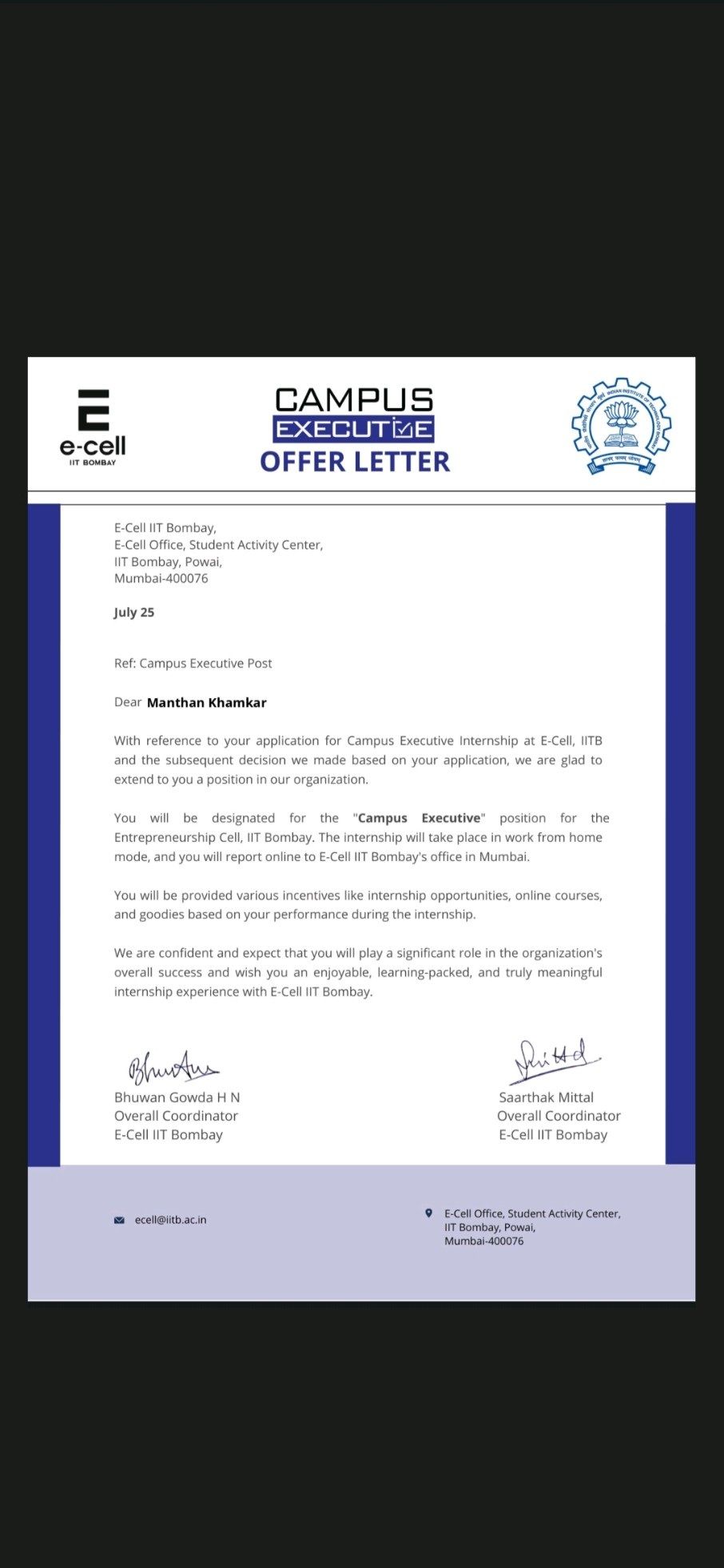 Manthan khamkar on LinkedIn: #iitbombay #offerletter Manthan khamkar on LinkedIn: #iitbombay #offerletter